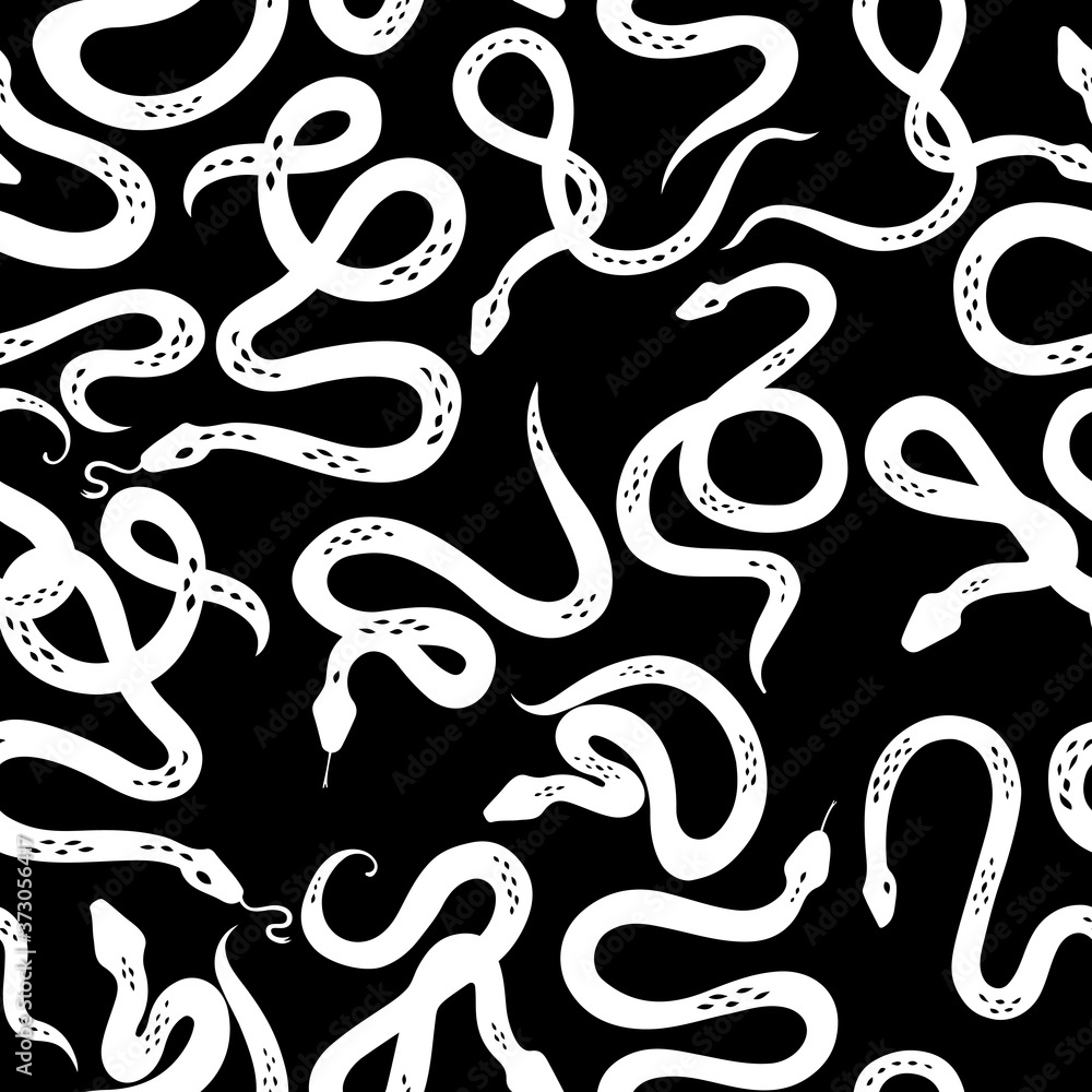 Seamless pattern with various snakes or serpents on black background ...