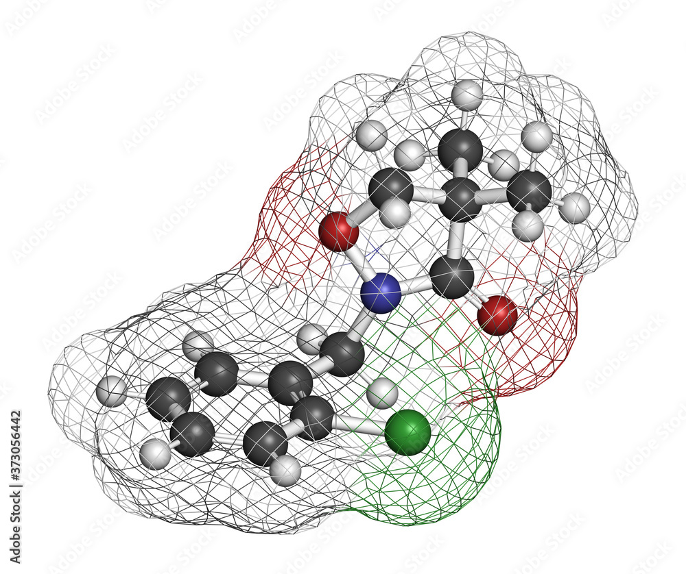 Clomazone herbicide molecule. 3D rendering. Atoms are represented as ...