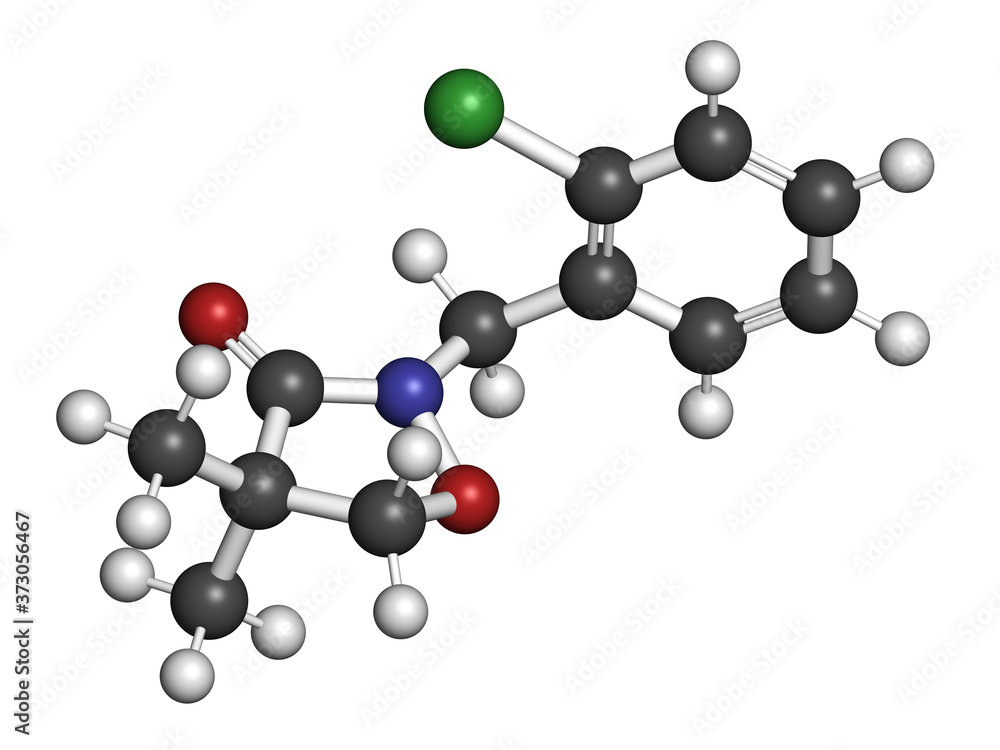 Clomazone herbicide molecule. 3D rendering. Atoms are represented as ...