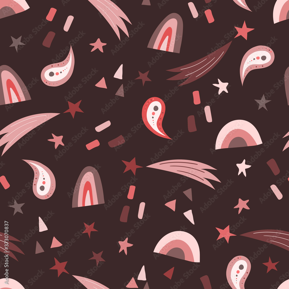 Seamless cute pattern for kids on a dark background. Rainbows, stars ...