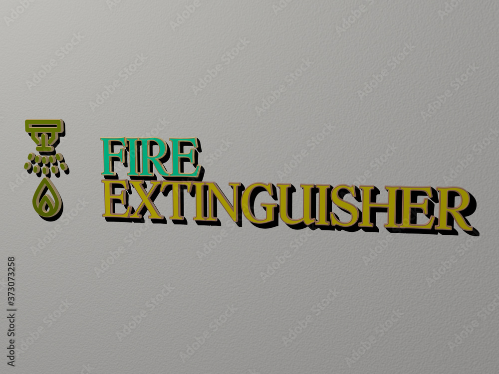 3D illustration of fire extinguisher graphics and text made by metallic ...