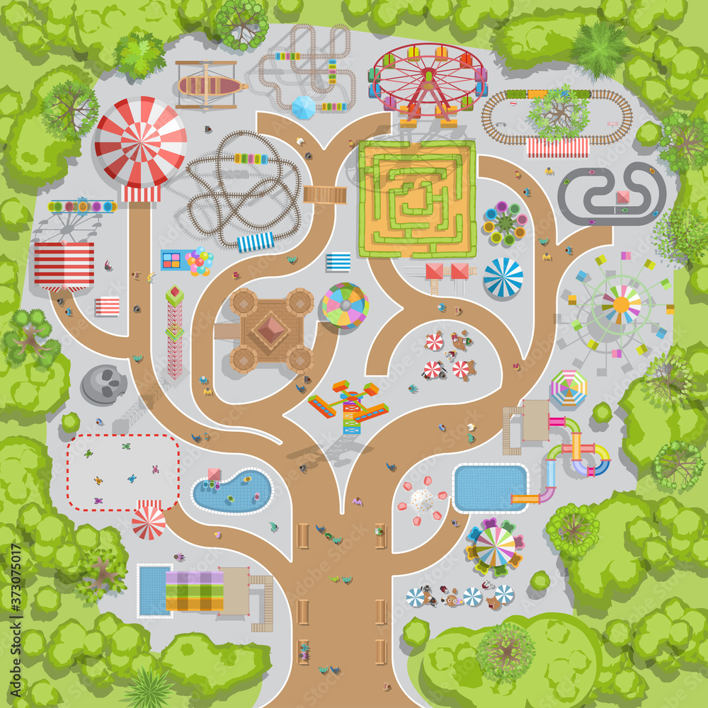 Amusement park in the form of a tree. (Top view) Attractions, paths ...