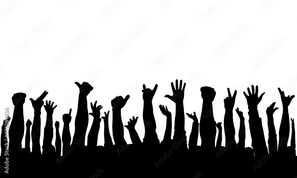 Raised hands of crowd of people, silhouettes. Vector illustration Stock ...