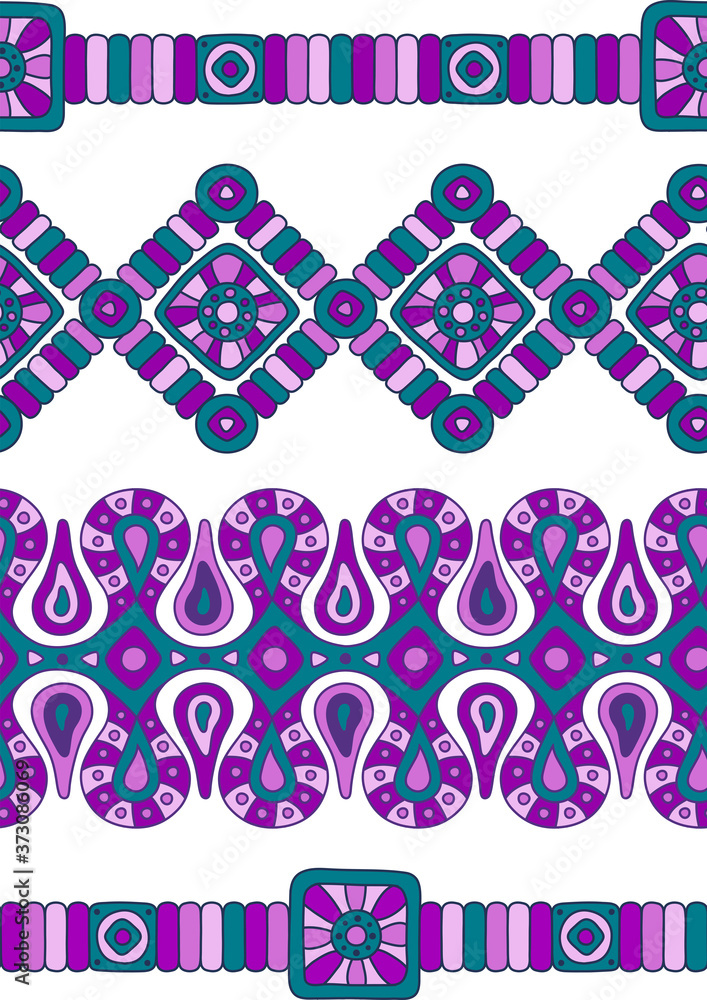 Ethnic mosaic African seamless borders set in purple and turquoise ...