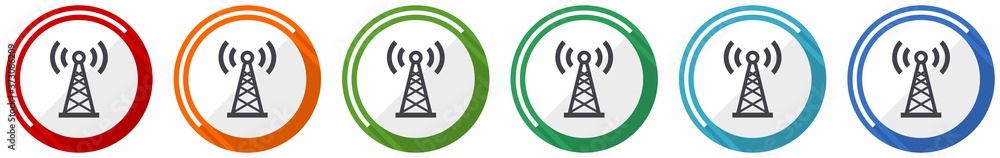 Antenna, network icon set, flat design vector illustration in 6 colors ...