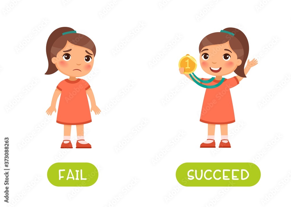 Fail and succeed antonyms word card vector template. Opposites concept ...