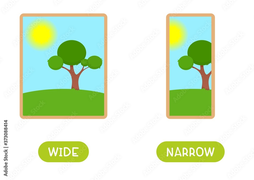 Vetor de Antonyms concept, WIDE and NARROW. Educational flash card with ...