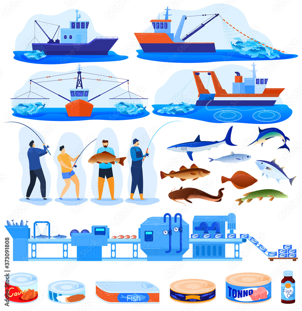 Fishing industry vector illustration set. Cartoon flat infographic ...