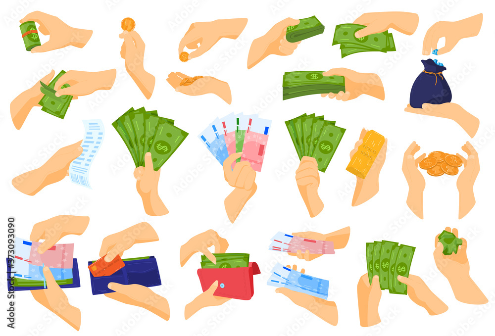 Hand holding money vector illustration set. Cartoon flat human hands ...