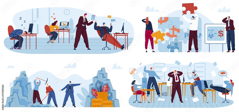 Lazy business office workers vector illustration set. Cartoon flat bad ...