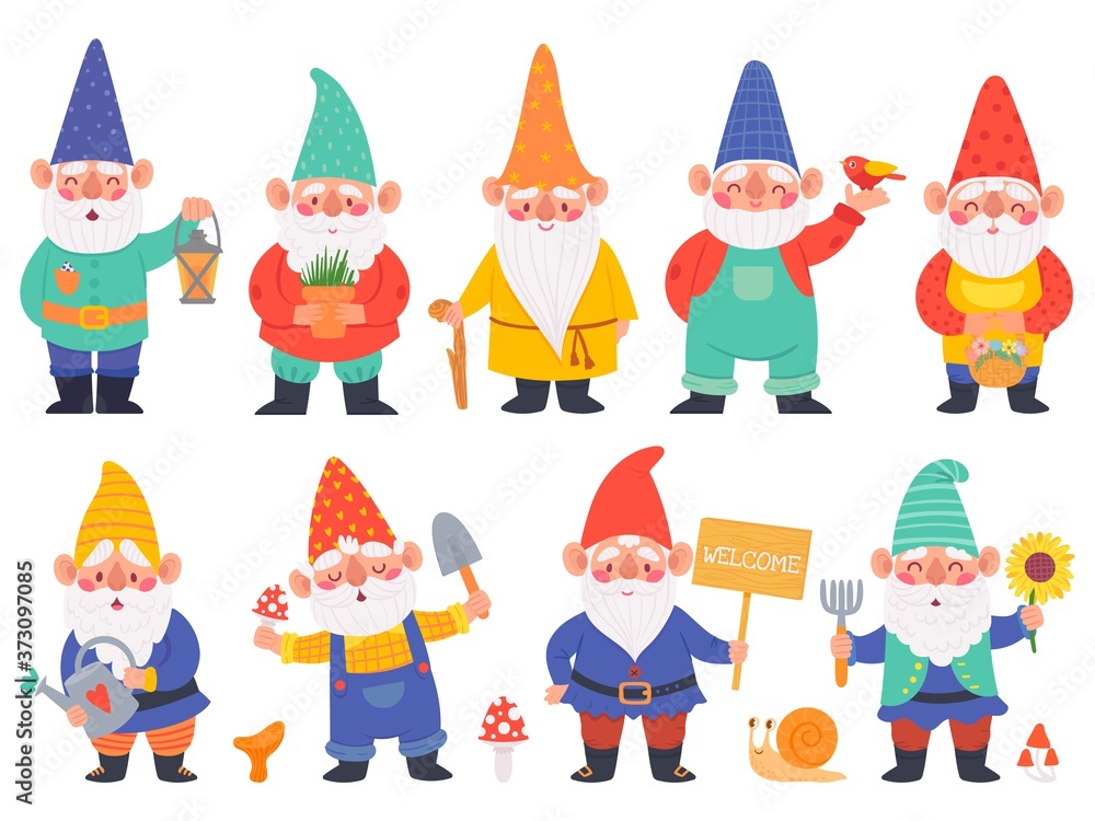 Gnome characters. Cute gnomes with beard funny garden decoration ...