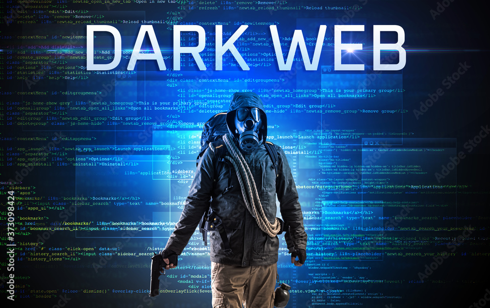 Faceless hacker with DARK WEB inscription on a binary code background ...