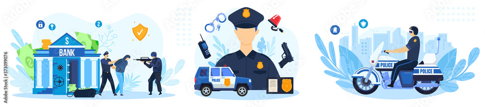 Police work vector illustration set. Cartoon flat policeman character ...