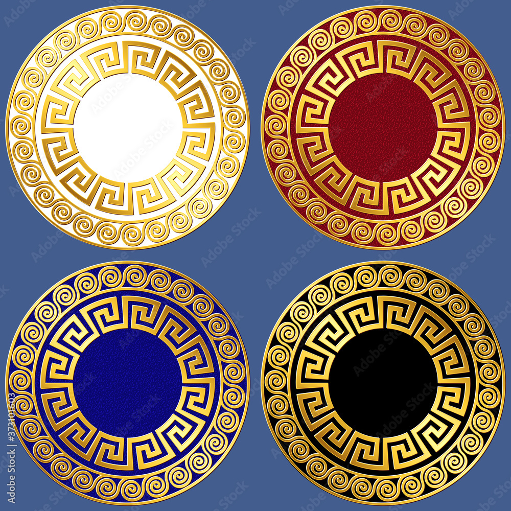 Set of Gold circle Greek ornament, Meander pattern, on black, white ...