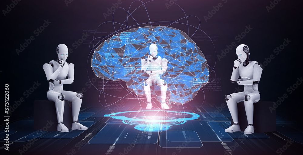 Thinking AI humanoid robot analyzing hologram screen showing concept of ...