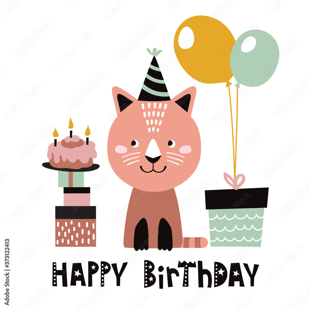 Cute cat. Happy Birthday cartoon vector illustration Stock Vector ...