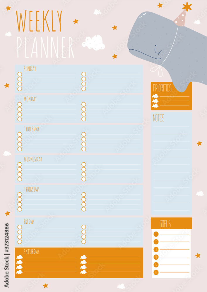 Weekly planner. Cute kids rainbow school planner. Baby cartoon rainbow ...