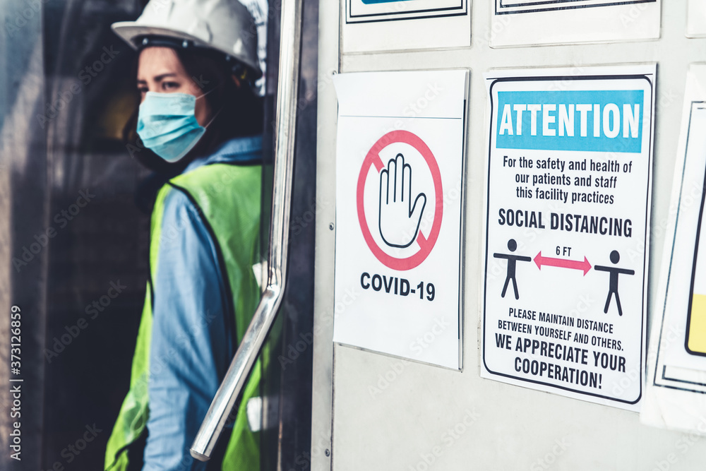 Caution sign in factory warning to industry labor worker to prevent ...