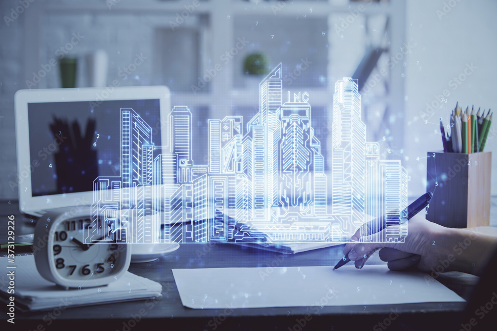 IOT drawing over writing hands in notepad background. Concept of smart ...