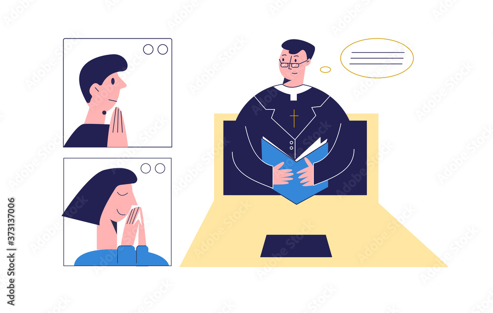 Pastor with bible conducts church services online. A group of people ...