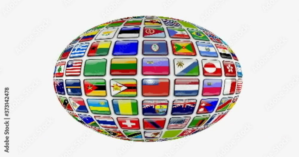 World globe with all the flags of the earth rotates around its axis ...