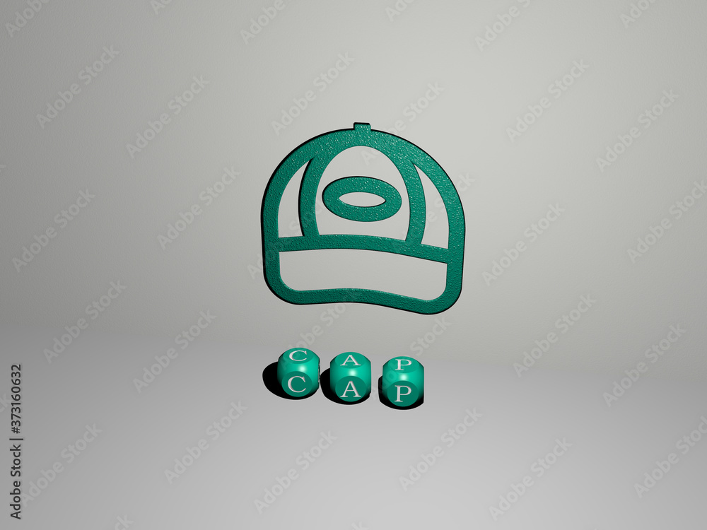 3D graphical image of cap vertically along with text built by metallic ...