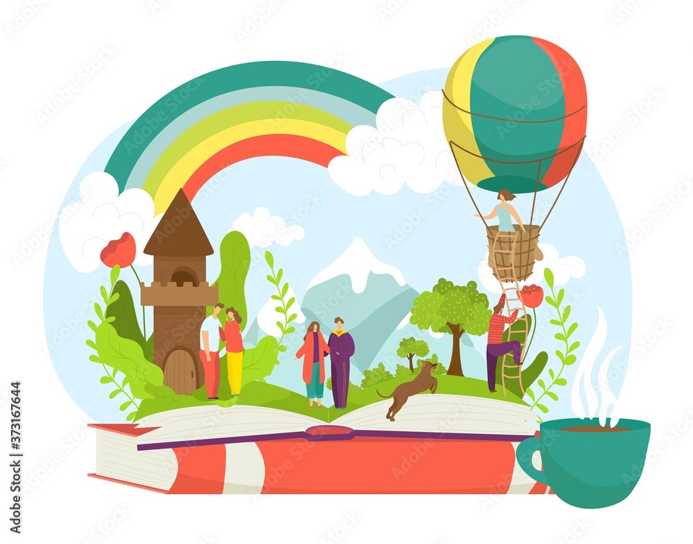 Love open book with cartoon people character, story in textbook vector ...
