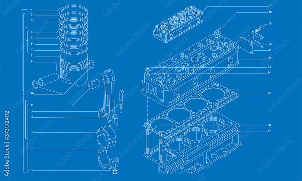 Tech drawing of gas engine Stock Vector | Adobe Stock