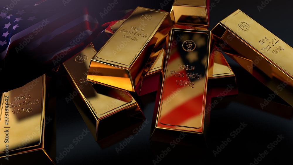 Gold bars in the USA. Golden ingots on dark background with the ...