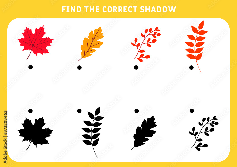 Find the correct shadow, education game for children, set of leaves ...