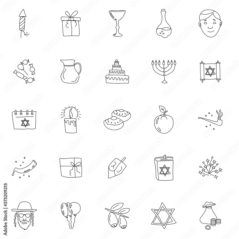 hanukkah hand drawn linear doodles isolated on white background ...