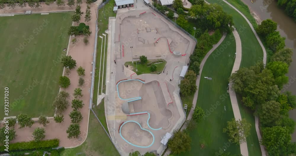 Birds eye view of Lee and Joe Jamail Skatepark across from downtown ...