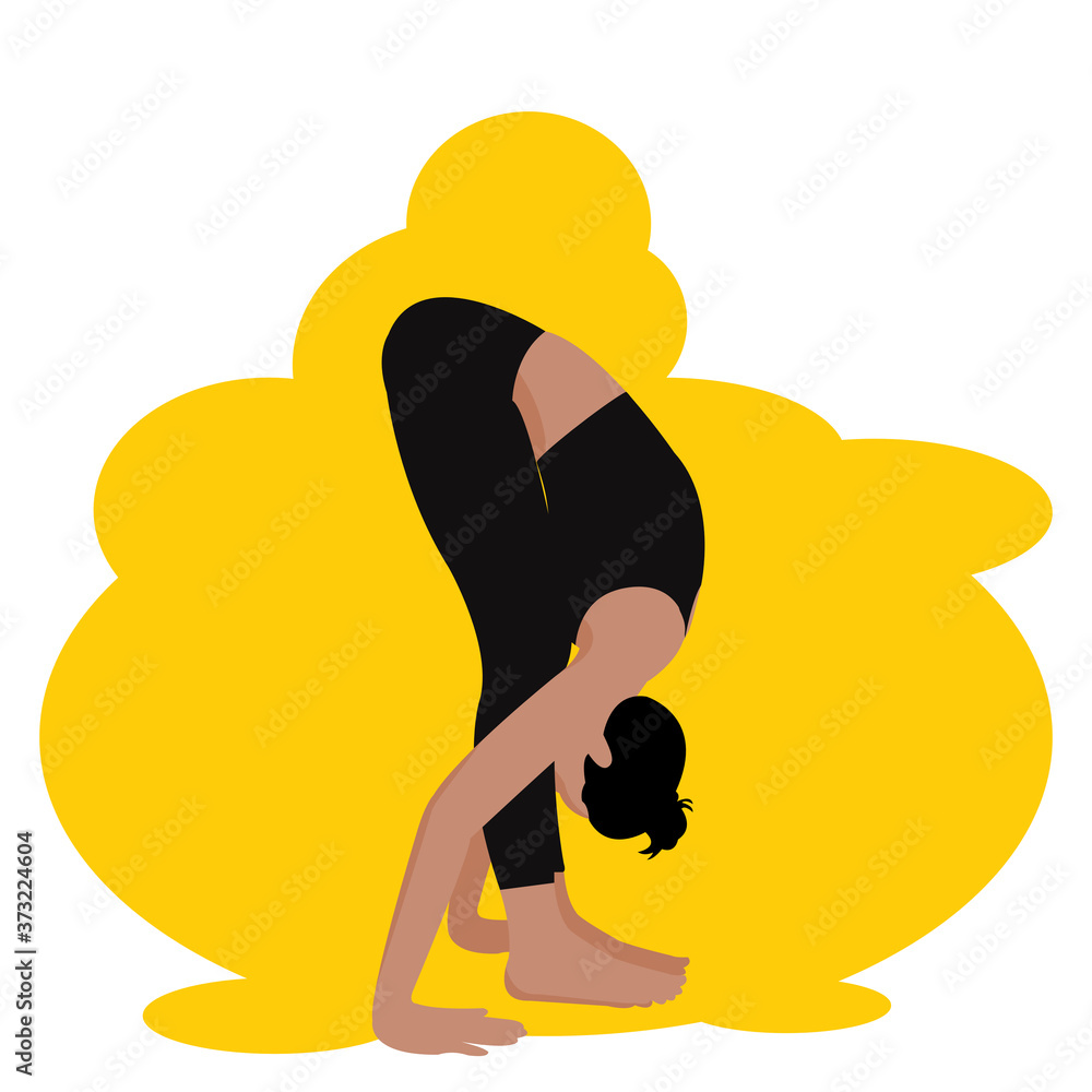 Woman character is standing in forward bend pose. Lady with hair tie ...