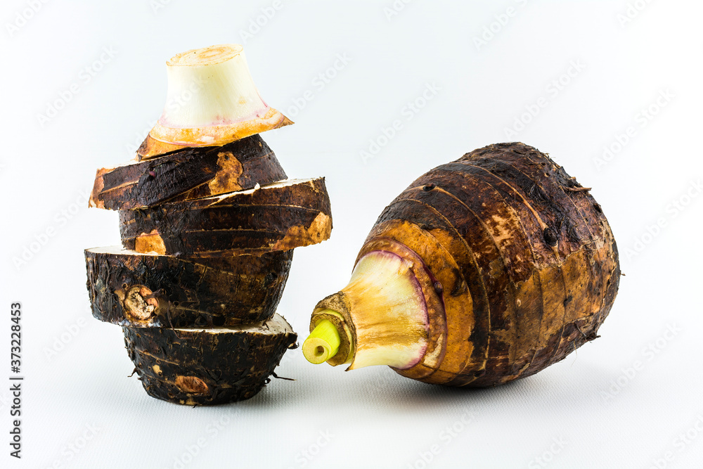 Taro sliced with white background./ Taro root on white background ...
