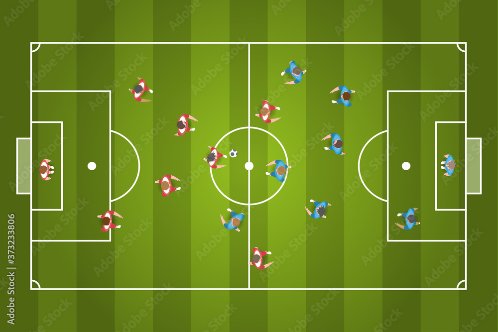 Football stadium and soccer team. Top view. Soccer field with the ...