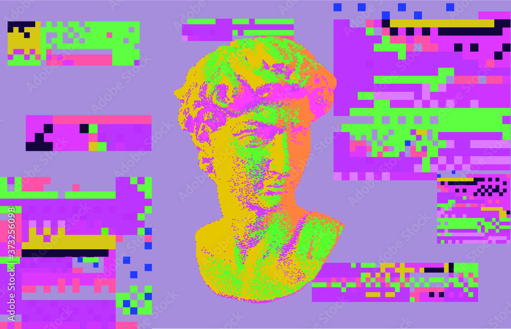 Cyberpunk-style collage with plaster 3D head and pixel artifacts ...