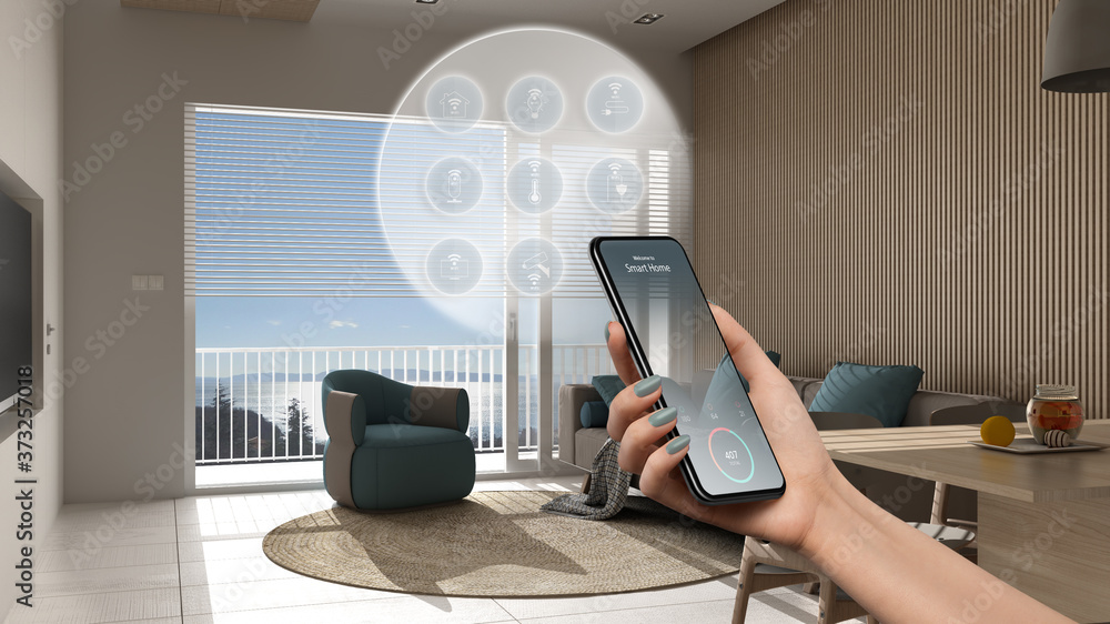 Smart home technology interface on phone app, augmented reality ...