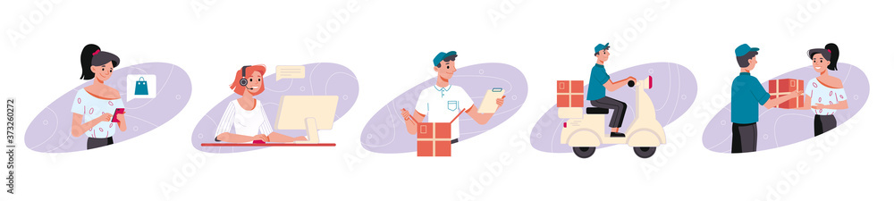 Delivery online orders and logistics process icons, vector flat set ...