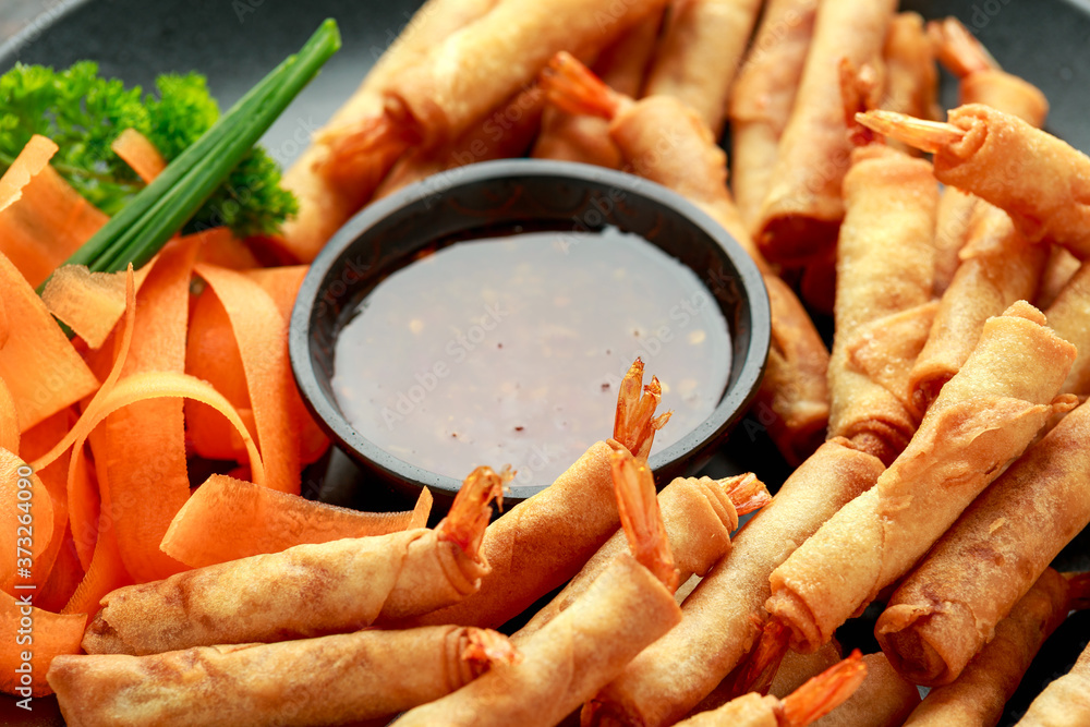 Juicy tail Prawns in crispy filo pastry wraps, party finger food served ...