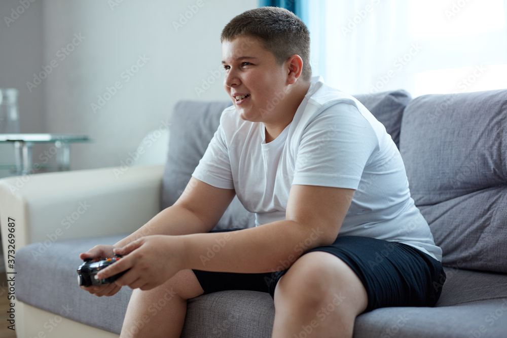 fat caucasian teenager boy enjoys video games, overweight boy sits on ...