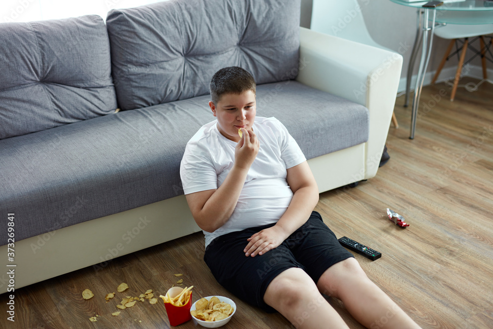 an overweight child boy enjoy leading unhealthy passive lifestyle, sits ...