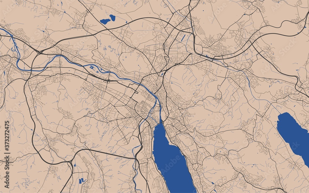 Zurich map. Zurich city map poster. Map of Zurich street, urban area ...