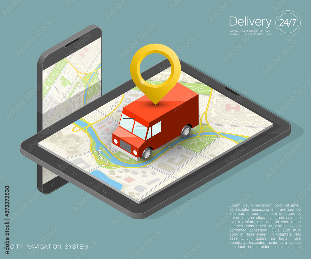 Isometry city map navigation route, phone point delivery van, isometric ...