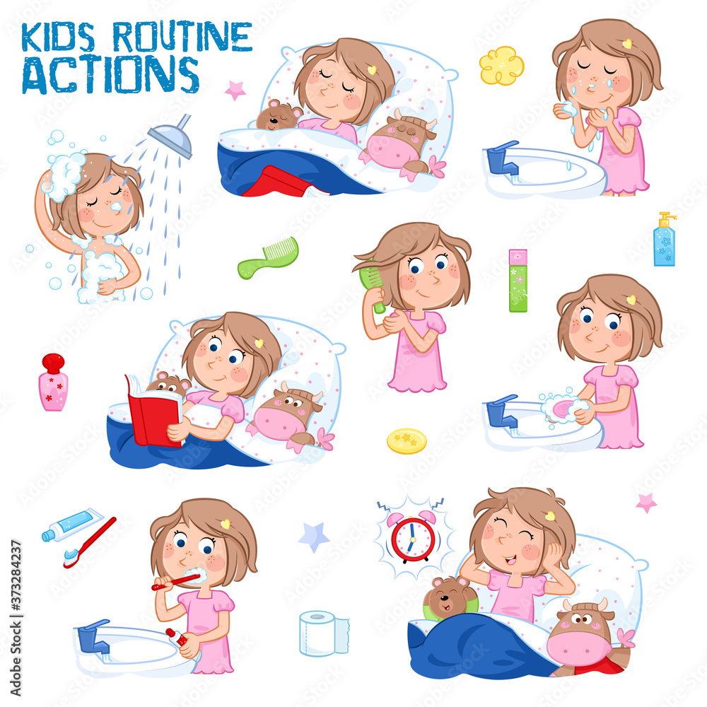 Daily routine actions of a little girl with light brown hair - Set of ...