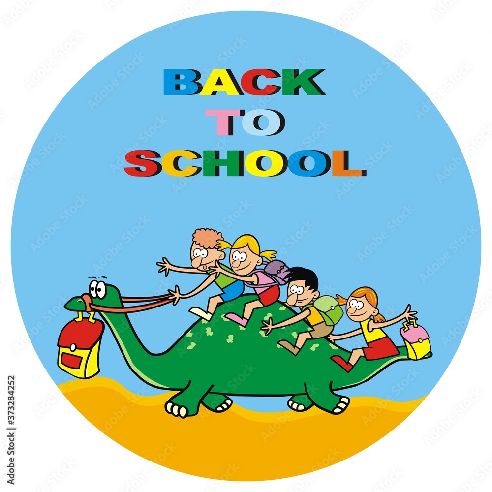 Back to school, kids on dinosaur, funny vector illustration at circle ...