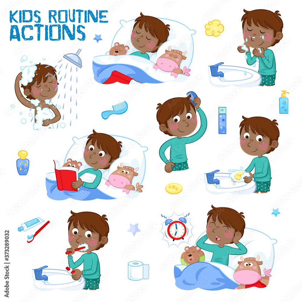 Daily routine actions of a little black boy with dark brown hair ...