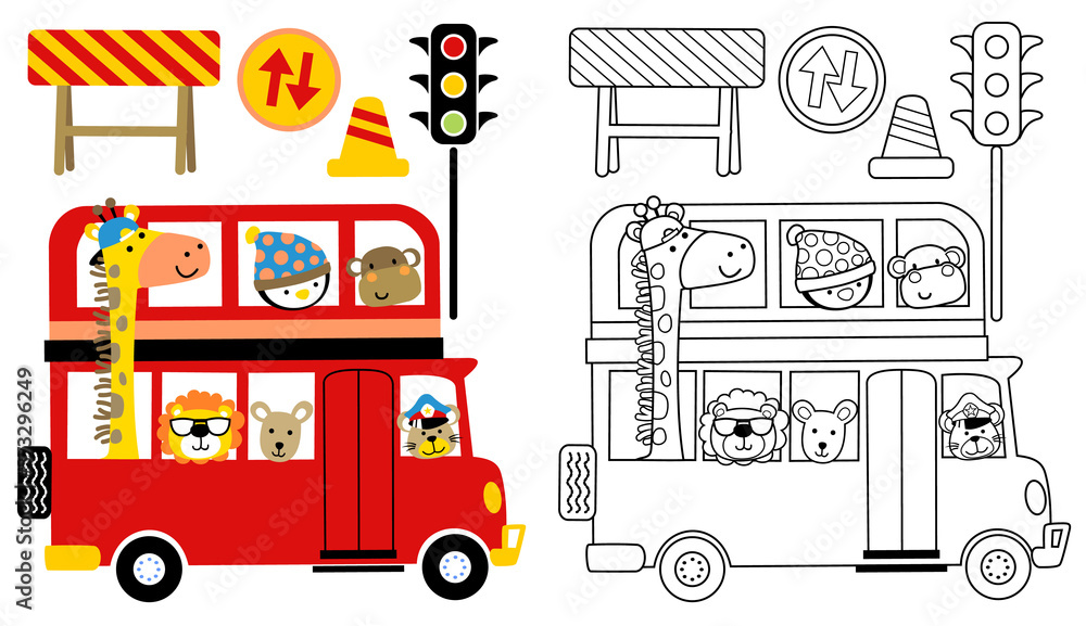 cute animals cartoon on red bus with traffic signs, coloring book or ...