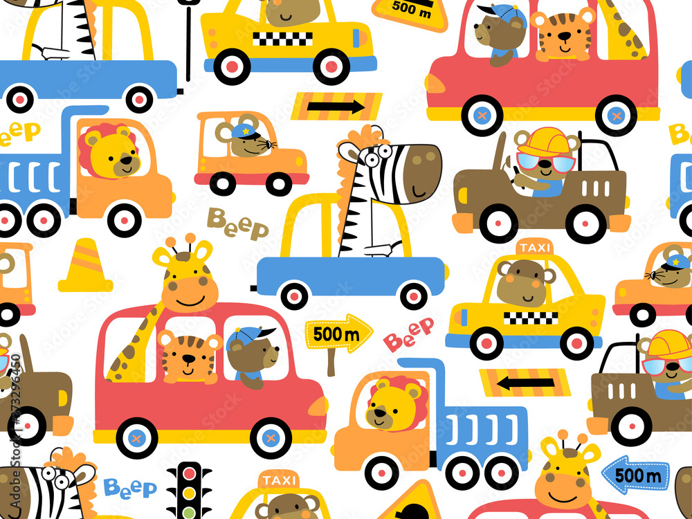 seamless pattern of vehicles cartoon with funny animals Stock Vector ...