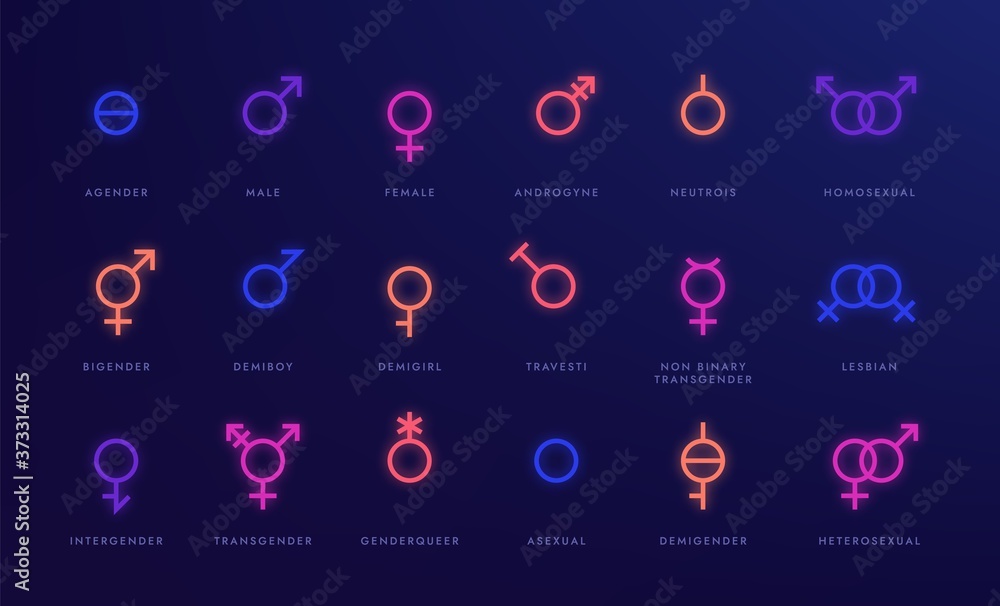 Gender neon icons. Glowing light symbols of sexual orientation, LGBT ...