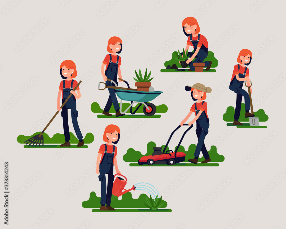 Female gardener poses and activities bundle featuring mowing, digging ...